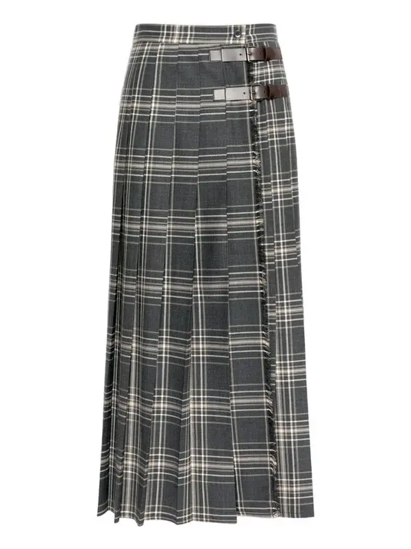Max Mara Batavia Pleated Tartan Wool Skirt With Fringe Detail - Dark Grey