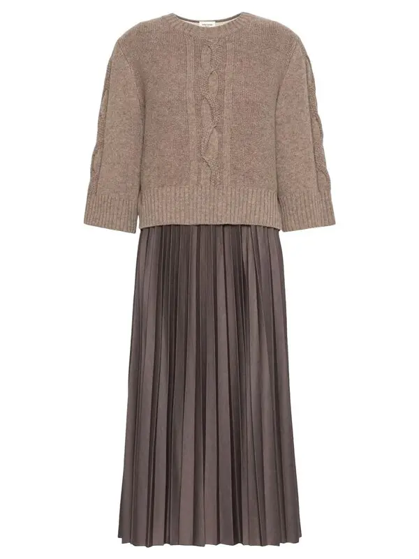 Max Mara Sleeveless Pleated Midi Dress With Cable-knit Jumper - Hazelnut Brown