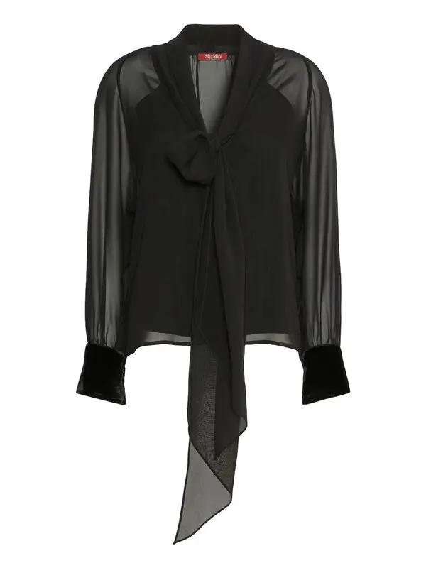 Max Mara Silk Georgette Blouse With Pussy-bow Neck And Velvet Cuffs - Black
