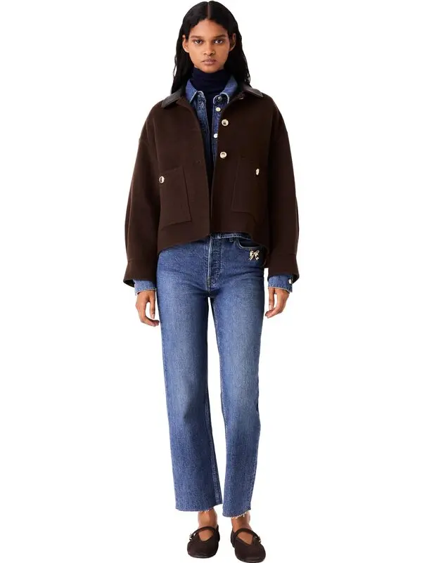 Maje Short Wool Jacket With Leather-effect Collar And Pleated Back - Brown