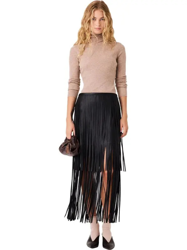 Maje Faux Leather Fringed Maxi Skirt - Black