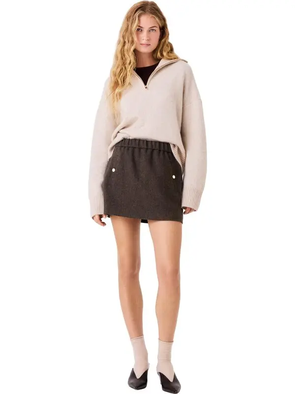 Maje Short Wool Blend Skirt With Gold Button Detail - Dark Brown