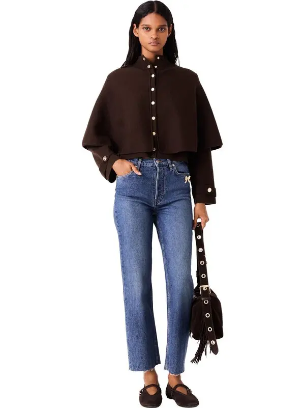 Maje Layered Cape Cardigan With High Neck And Gold Button Detail - Dark Brown