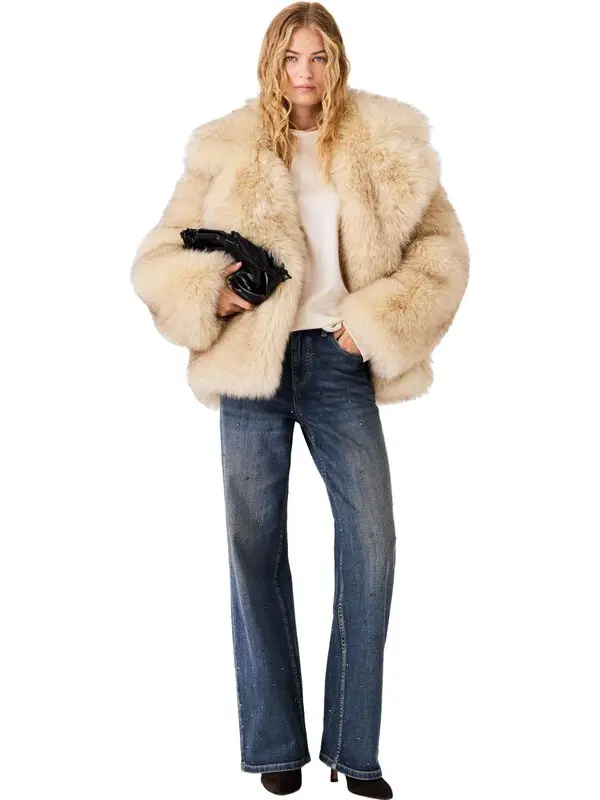 Maje Oversized Faux Fur Coat With Shawl Collar - Beige