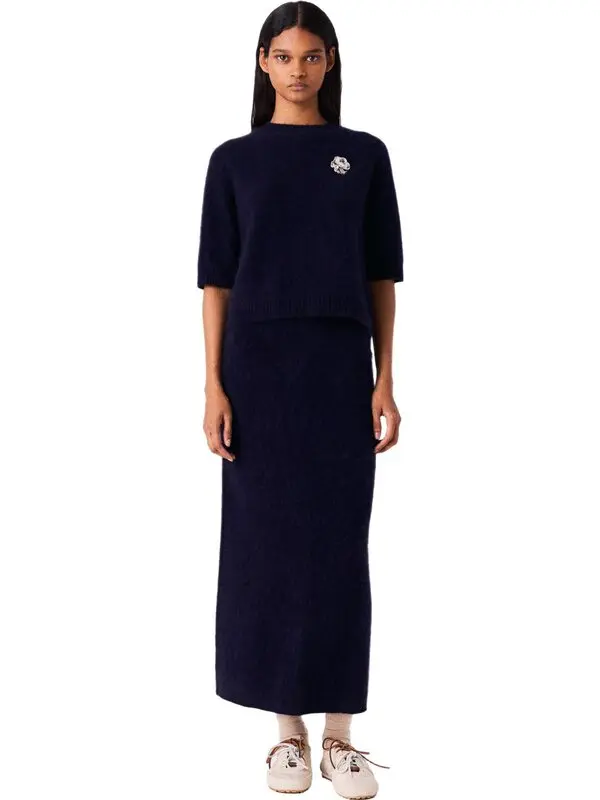 Maje Wool Sweater With Floral Brooch - Navy