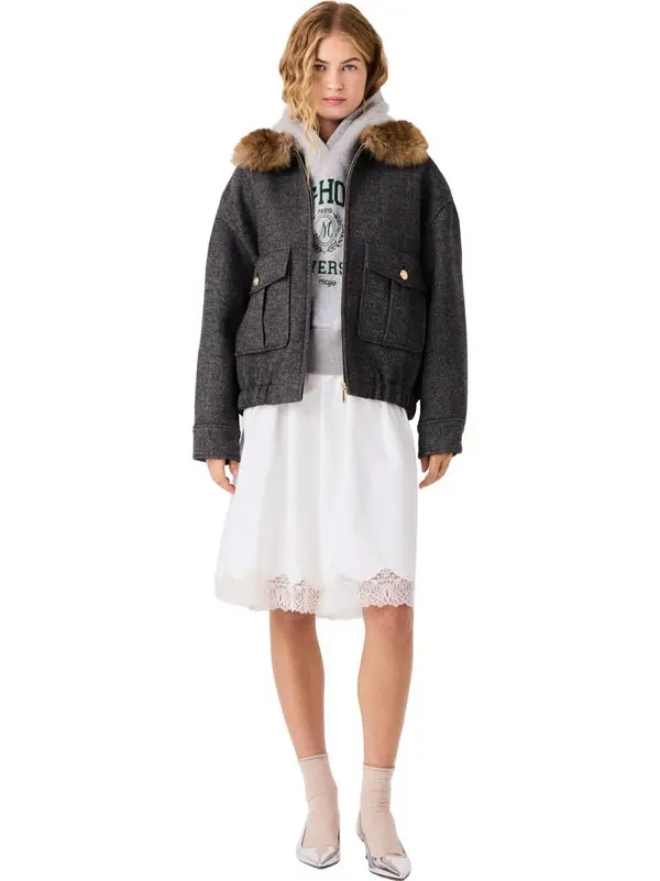 Maje Oversized Herringbone Wool Jacket With Faux Fur Collar - Dark Grey