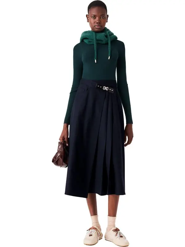 Maje Pleated Midi Skirt With Buckle Detail - Navy