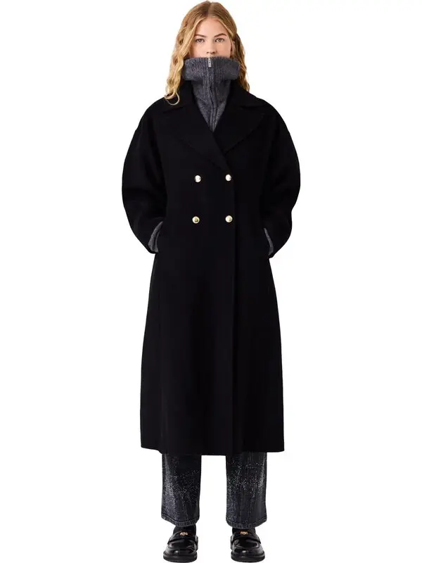 Maje Long Double-breasted Wool Coat - Black