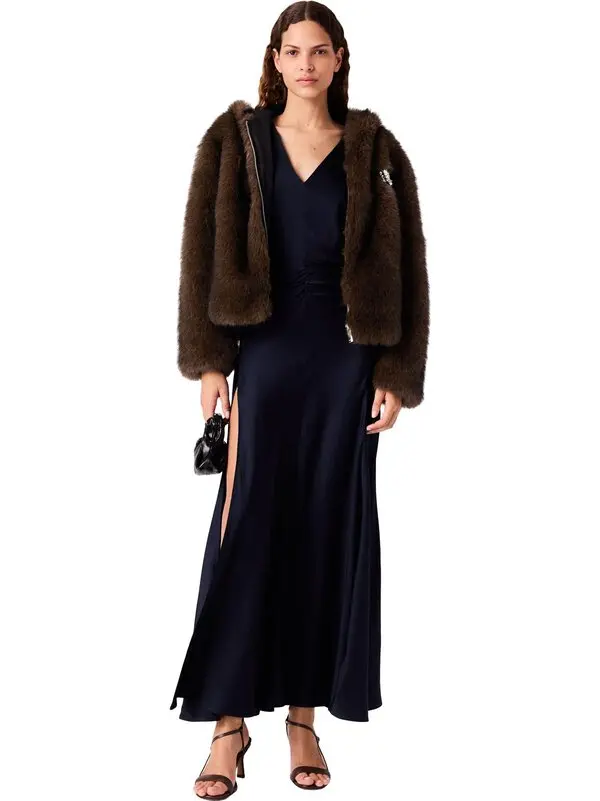 Maje Faux Fur Oversized Jacket With Hood - Brown