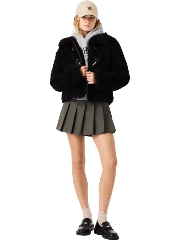 Maje Curly Faux Fur Jacket With Faux Leather Trims - Black