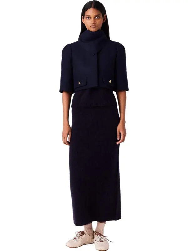 Maje Short Wool Jacket With Integrated Scarf - Navy