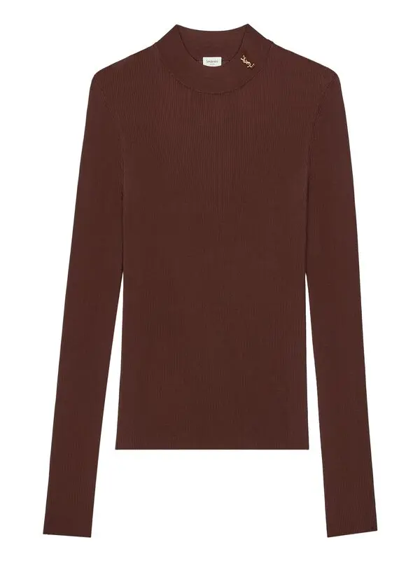 Saint Laurent Cassandre Stand-collar Ribbed Silk Top - Chocolat