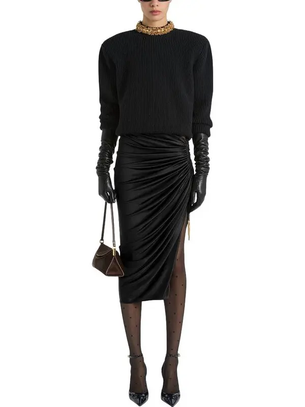 Balmain Flowing Jersey Midi Skirt With Slit - Black