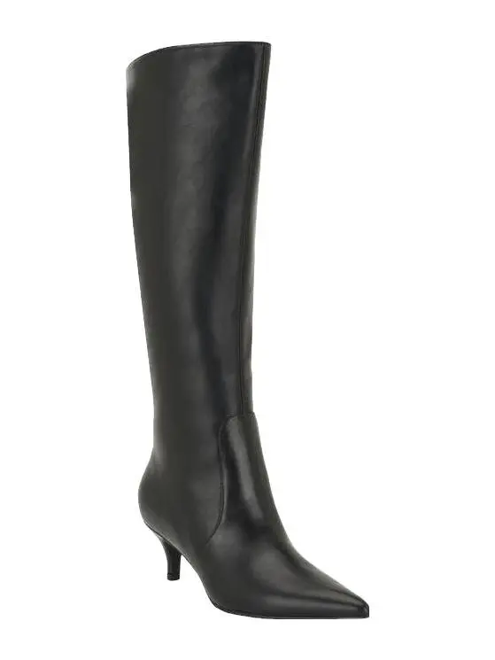 Tommy Hilfiger Knee High Faux Leather Zip Up Kitten Heel Boots - Black 002