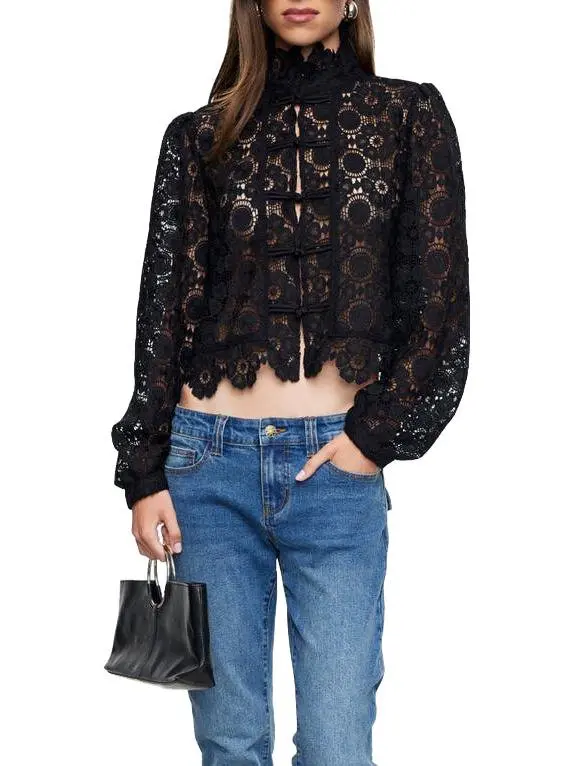 Lioness Overtime Lace Mock Neck Long Sleeve Cropped Top - Noir