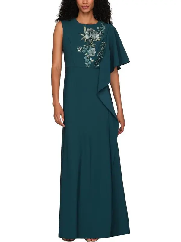 KAY UNGER Alisha Embroidered Asymmetrical Sleeve Gown - Deep Teal