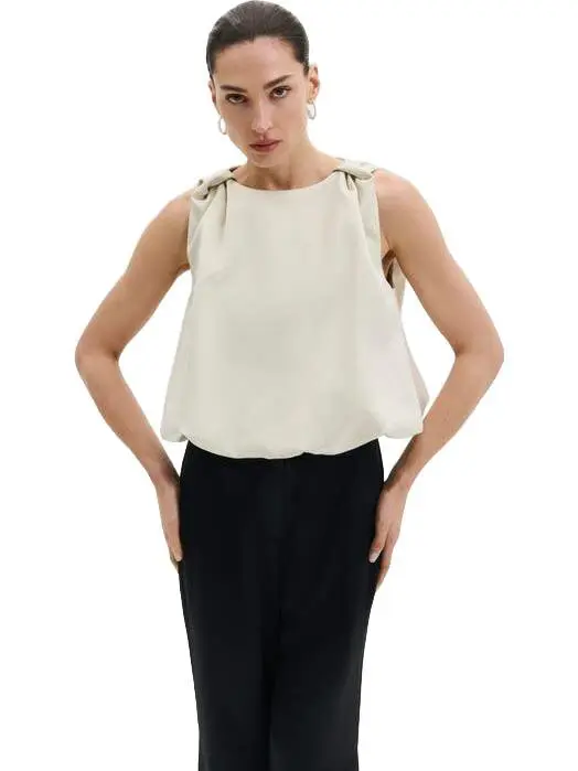 MALINA Valentina Knotted Shoulder Satin Top - Pearl