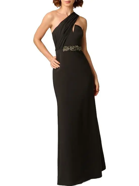 Aidan Mattox One-shoulder Beaded Gown - Black