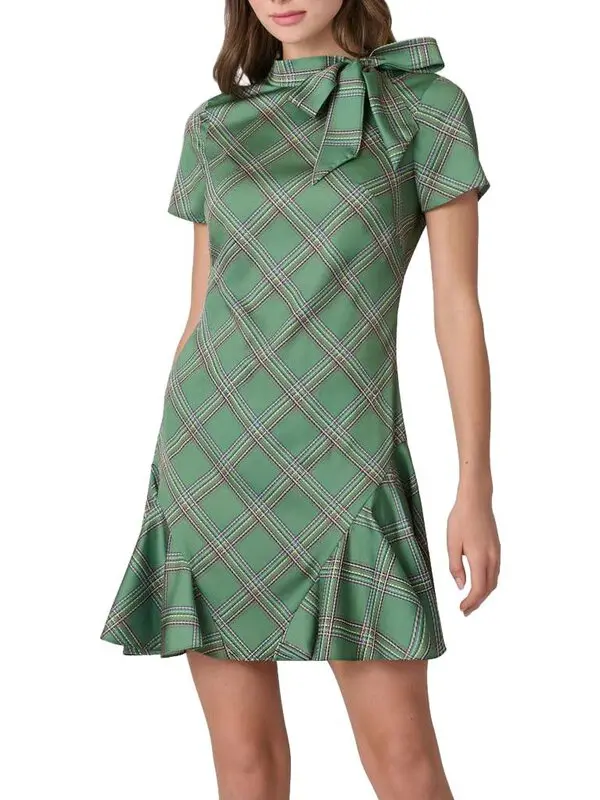 Shoshanna Plaid Satin Charmeuse A-line Dress With Bow Detail - Olive Multi