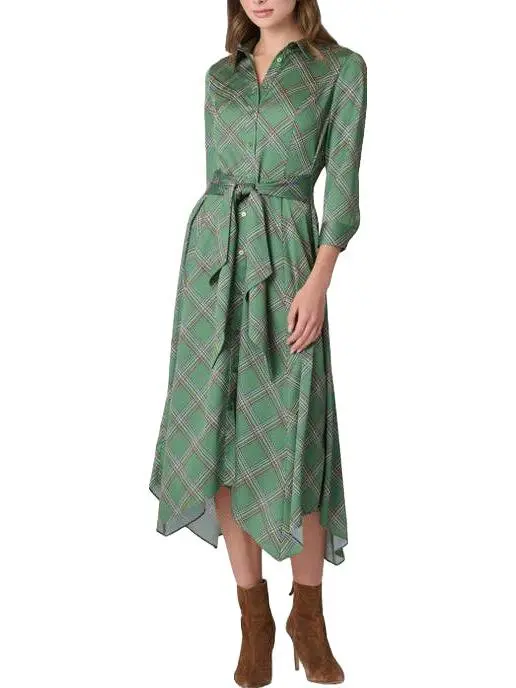 Shoshanna Dashed Plaid Satin Charmeuse Midi Dress - Olive Multi