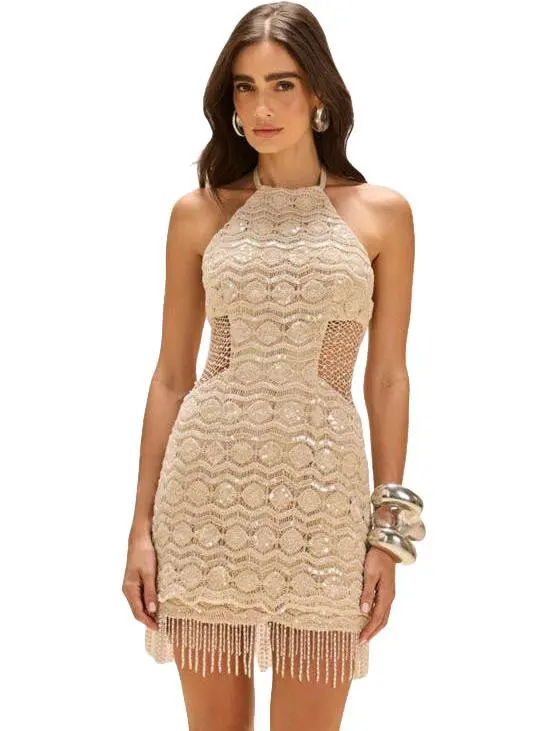 PatBO Crochet Bloom Halterneck Mini Dress - Beige