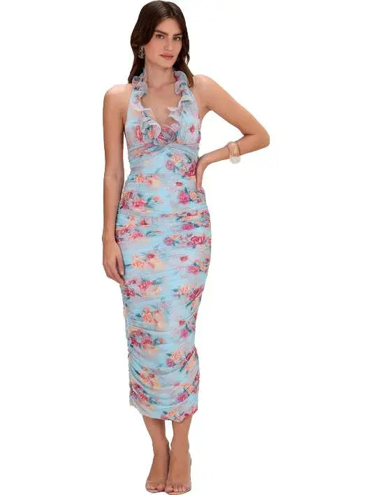 PatBO Floral Print Ruffled Halterneck Midi Dress - Blue