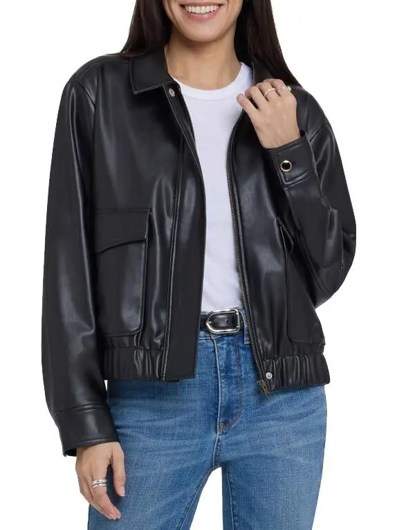 NYDJ Faux Leather Baseball Jacket With Spread Collar - Black