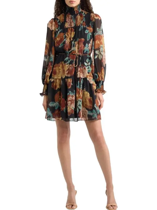 Julia Jordan Floral Long Sleeve High Neck Dress - Black Orange