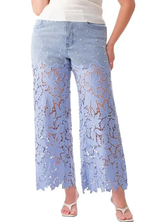 BAYEAS Crystal Embellished Lace Wide Leg Jeans - Clearstrand