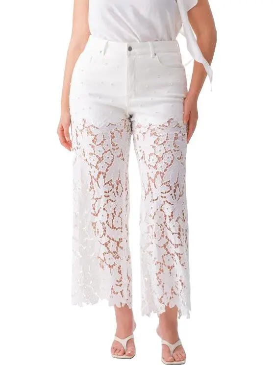 BAYEAS Crystal Embellished Lace Wide Leg Jeans - Snowfeather