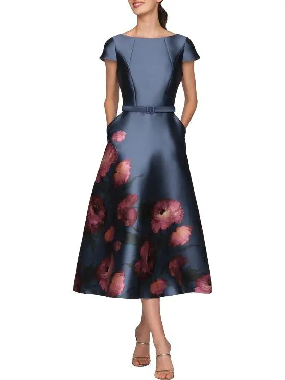 KAY UNGER Belted Floral Cocktail Dress - Chambray Multi