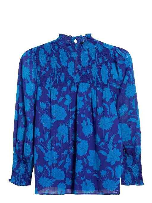 SUGARLIPS Sunnie Metallic Smocked Yoke Balloon Sleeve Top - Navy-multi