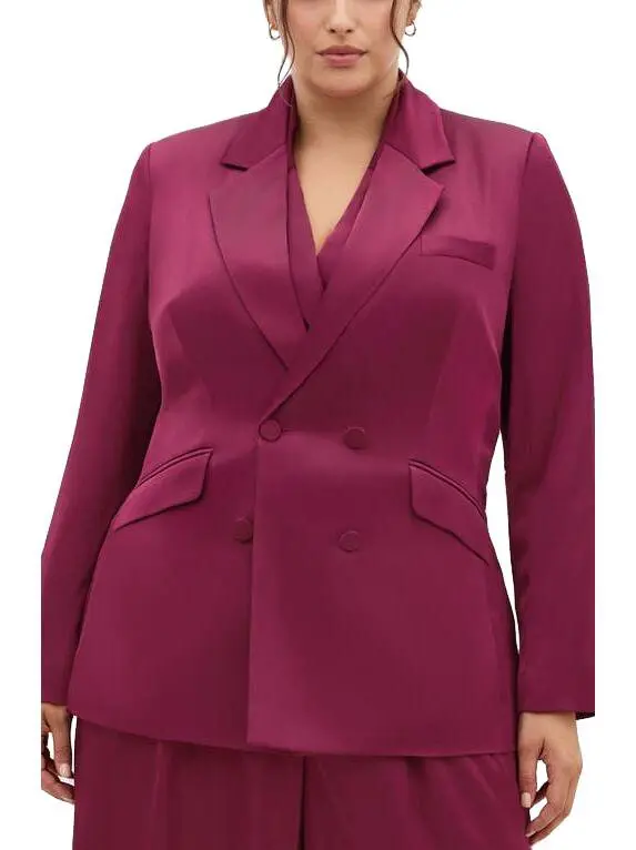 City Chic Rylie Satin Double Breasted Blazer - Pomegranate