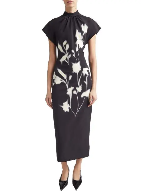 Lela Rose Stella Floral Crepe Midi Dress - Black