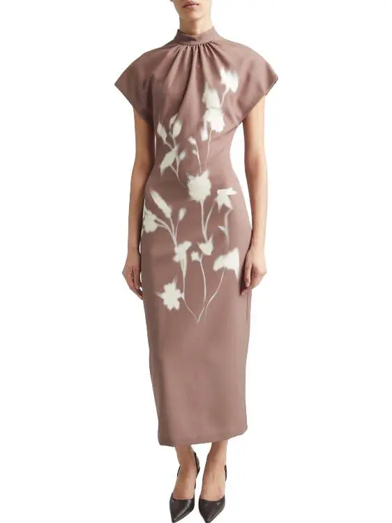 Lela Rose Stella Floral Crepe Midi Dress - Clay