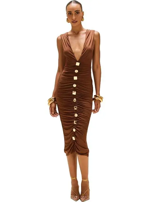PatBO Ruched Midi Dress With Gold Buttons - Brown