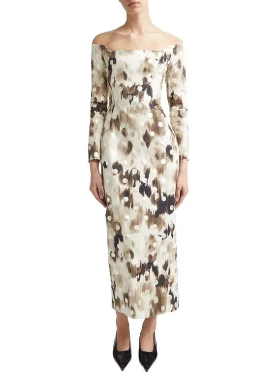 Lela Rose Off-the-shoulder Ikat Polka Dot Midi Dress - Cream Multi