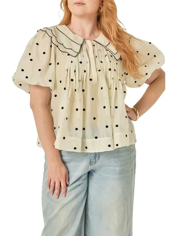 English Factory Scallop Collar Puff Sleeve Top - Cream