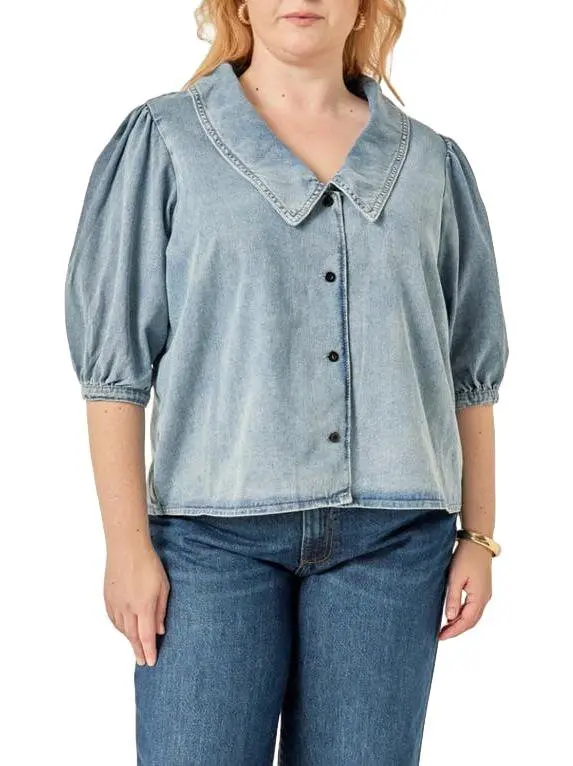 English Factory Puff Shoulder Denim Shirt - Blue