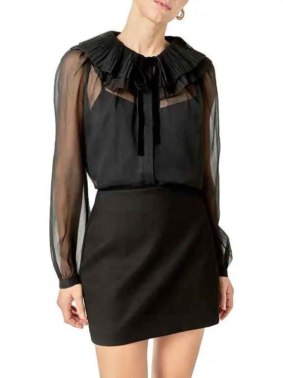 English Factory Pleated Ruff Collar Chiffon Blouse With Velvet Ribbon Tie - Black