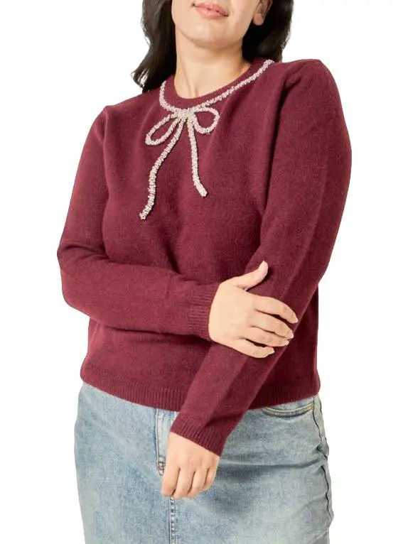 English Factory Rhinestone Bow Crewneck Sweater - Wine