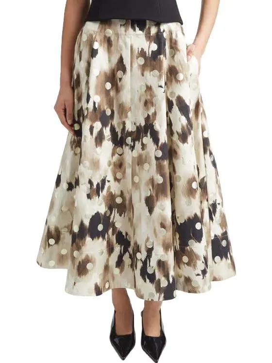 Lela Rose Ikat Polka Dot Midi Skirt - Cream Multi