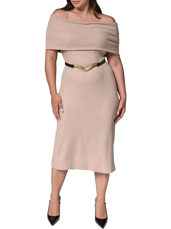 Donna Karan New York Off-the-shoulder Ribbed Knit Midi Dress With Belt - Camel