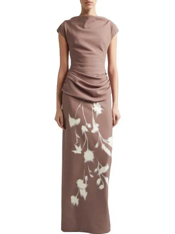 Lela Rose Floral Printed Boat Neck Gown - Clay