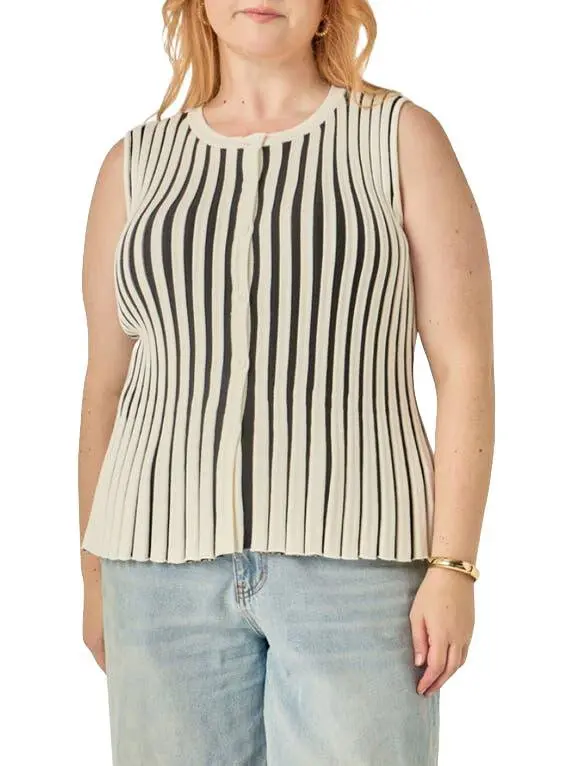 English Factory Striped Knit Button-front Sleeveless Sweater - White/black
