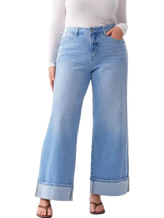 BAYEAS High Waist Cuff Wide Leg Jeans - Lagoon