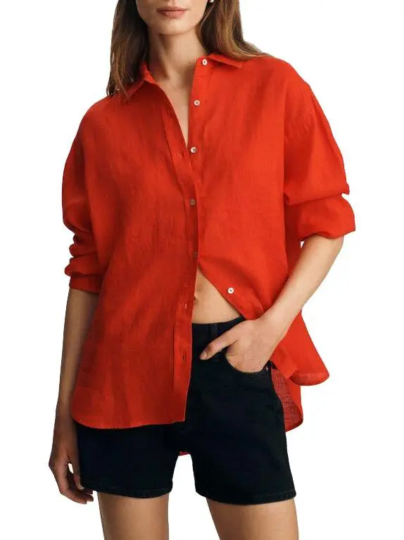 MAVI Relaxed Fit Linen Button-up Shirt - Fiery Red