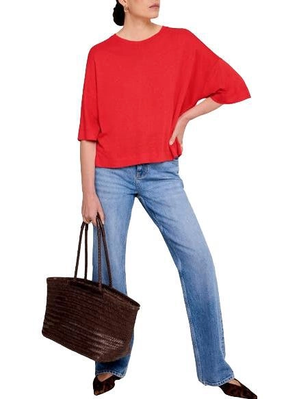 Mint Velvet Linen Blend Boxy Silhouette T-shirt - Red