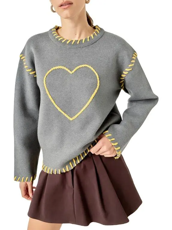 English Factory Heart Whipstitch Crewneck Sweater - Grey/yellow