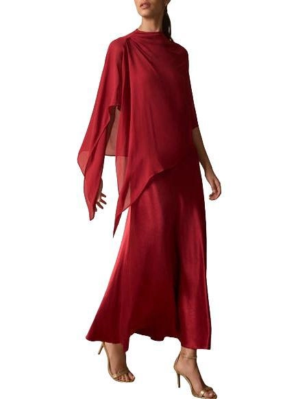 Mint Velvet Satin Cape Detail Maxi Dress - Red